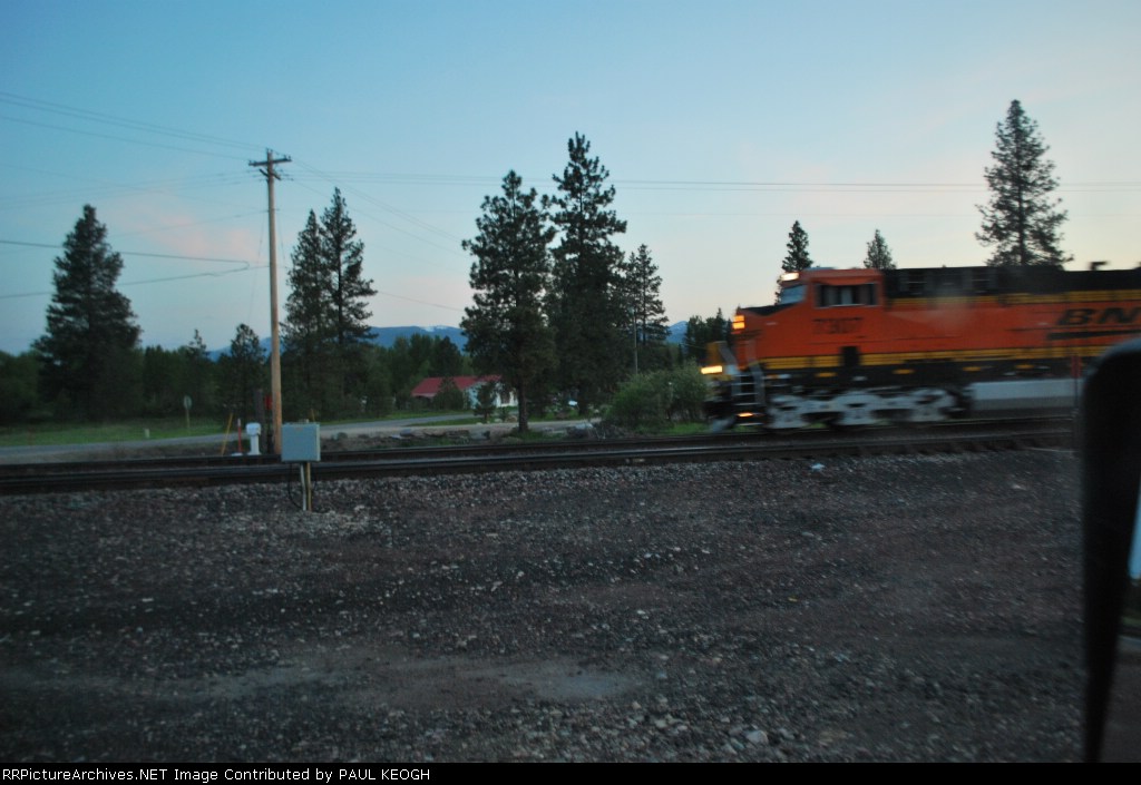 BNSF 7307 a new ES44DC built in May 09 rolls west towards Whitefish, MT. for a!crew change.
